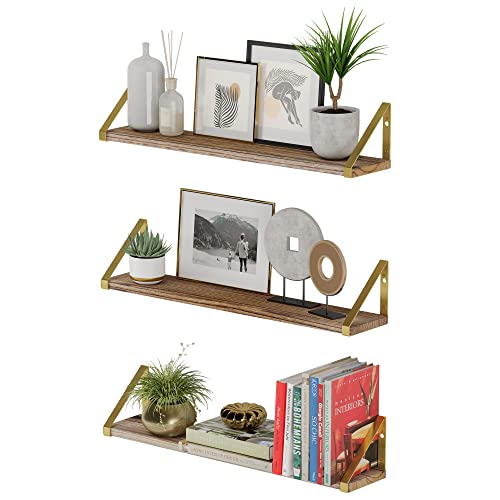 Wallniture Ponza Floating Shelves for Wall Decor, Bookshelf Living Room, Nursery & Bedroom Decor, Kitchen Organization Gold Color Metal Brackets Set of 3
