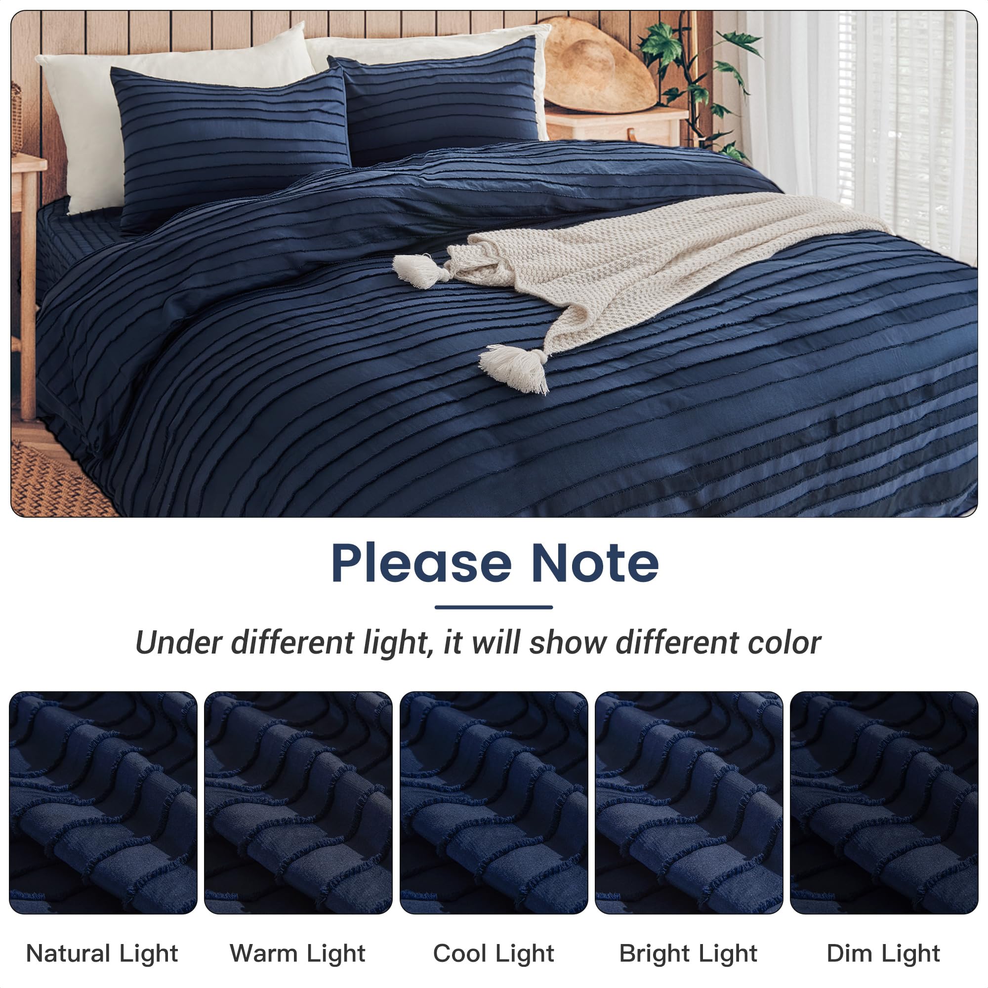 NEXHOME PRO Duvet Cover King Size, Navy 3 Pieces Boho Tufted Duvet Cover Set, Soft and Lightweight Microfiber Comforter Cover Set for All Season (Navy King, 104 x 90)-No Comforter