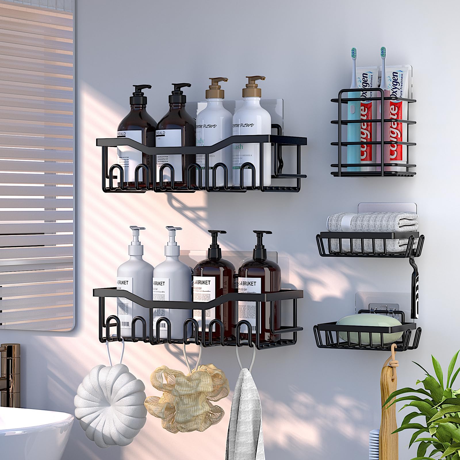 kitims Adhesive Shower Caddy, 5 Pack Shower Organizer Hanging with Large Capacity Stainless Steel Shower Organizers and Storage Rustproof Shower Shelf for Inside Shower, No Drilling, Black
