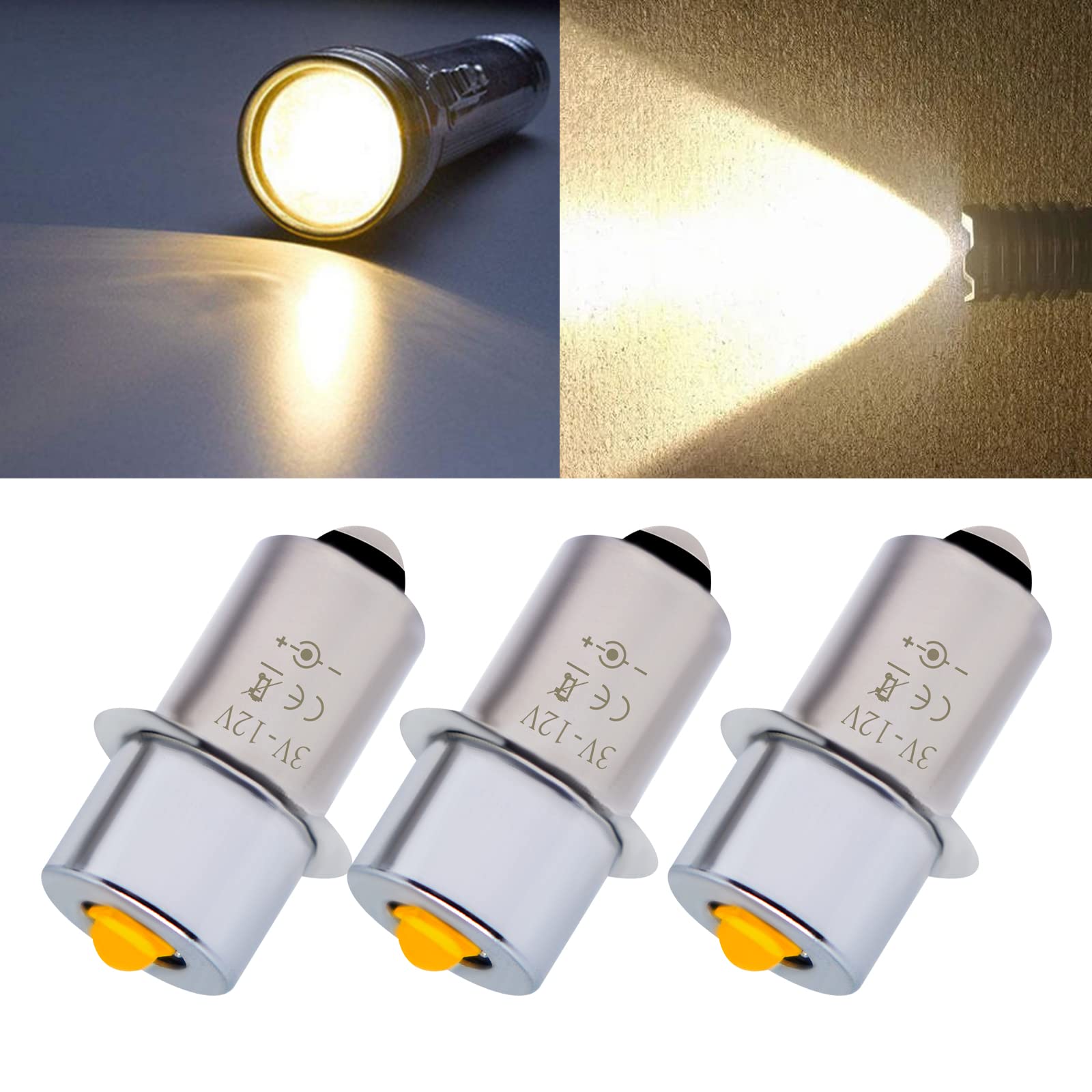 Double liang Upgrade AC/DC LED Flashlight Bulb 18V P13.5S 3W 6-30V (6V 9V 12V 19.2V 24V) LED Replacement Bulb for Torch Tooling Lantern Bulbs Replacement,Non-Polarity (6-24V, White)
