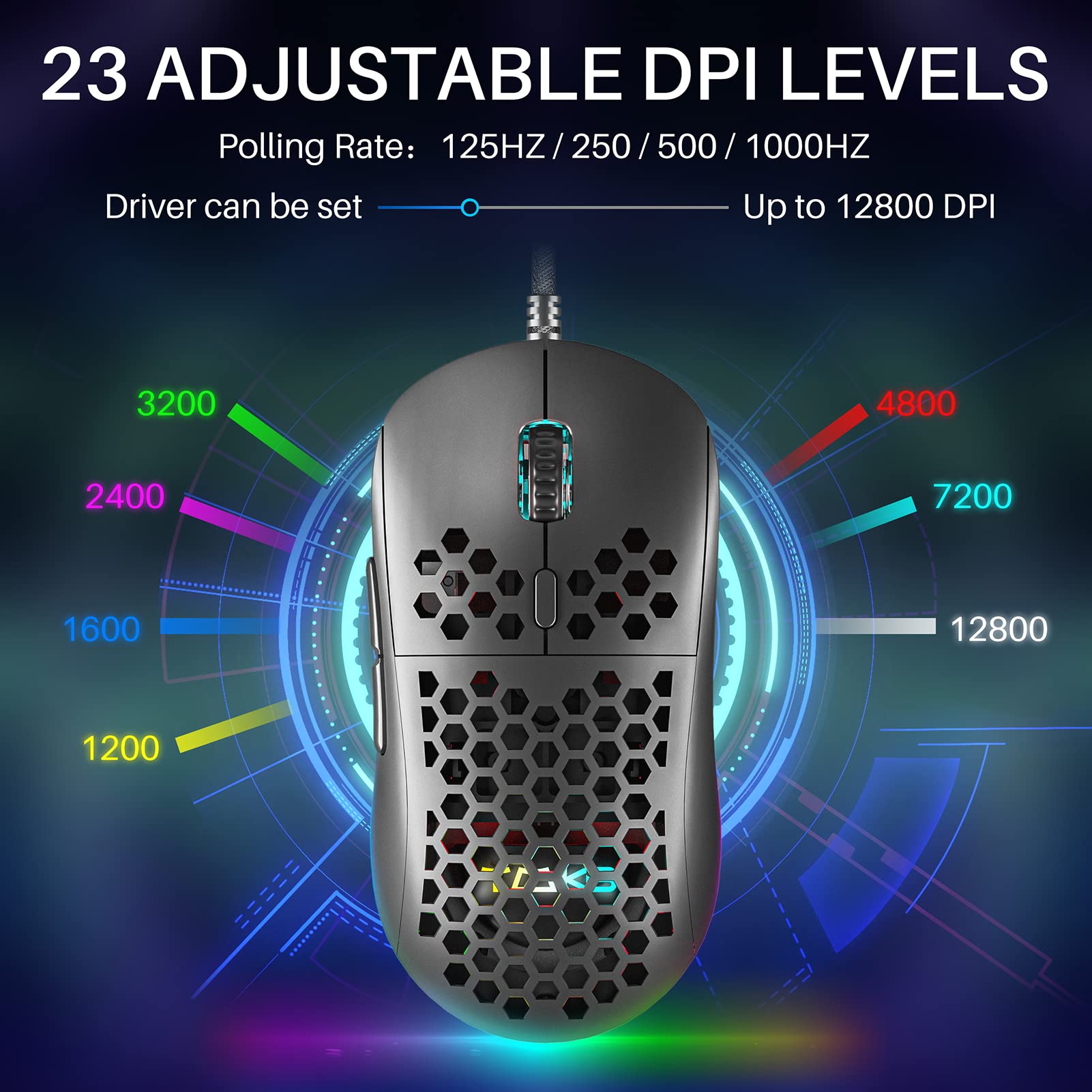 DIERYA Falcon Gaming Mouse, Up to 16000 DPI, Ultra-Lightweight Honeycomb Mouse, RGB Wired Gaming Mice with 7 Buttons Programmable Driver for Windows PC Gamer Designer (Black)