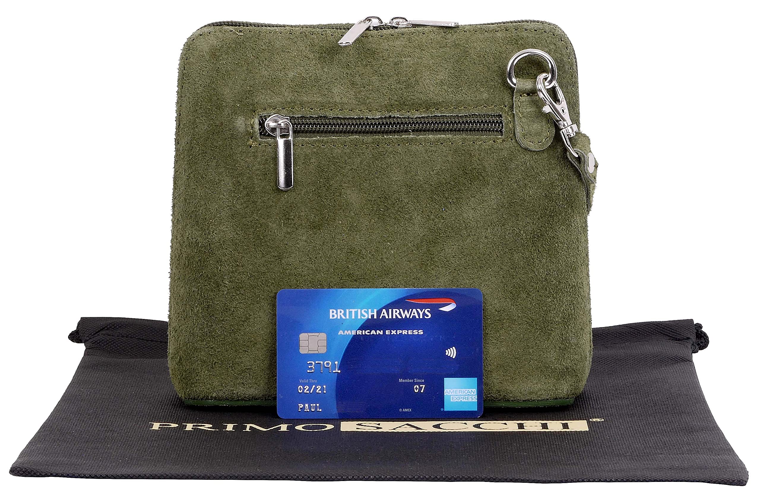 PRIMO SACCHI Ladies Italian Suede Leather Small Micro Olive Green Crossbody Shoulder Bag Handbag Purse