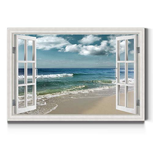 Renditions Gallery Canvas Nature Wall Art Home Paintings & Prints Artwork Cloudy Ocean Beach Sky Glam Romantic Window View Modern Decorations for Dining Room Office Kitchen - 18"x27" LT21