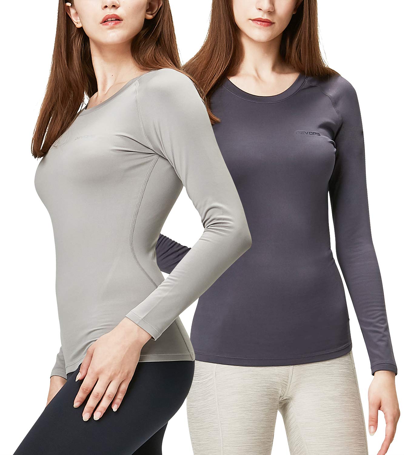 DEVOPS Women's 2 Pack Thermal Long Sleeve Shirts Compression Baselayer Tops (X-Large, Charcoal/Light Grey)