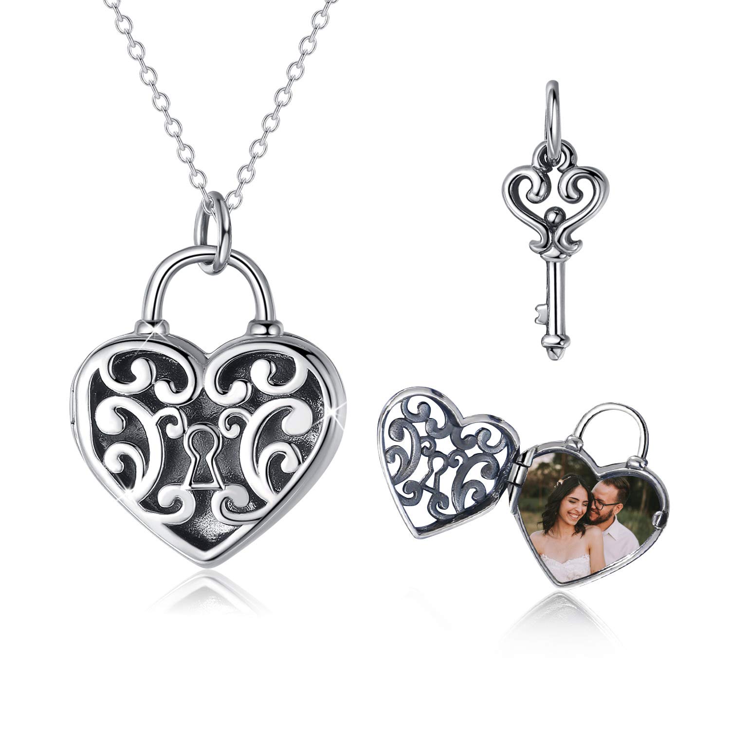 Cuoka Heart Locket Necklace That Hold Two Photos, 925 Sterling Silver Lock and Key Set, Mother Day Anniversary Birthday Gift for Women Girlfriend Daughter with Gift Box (Key & Heart)