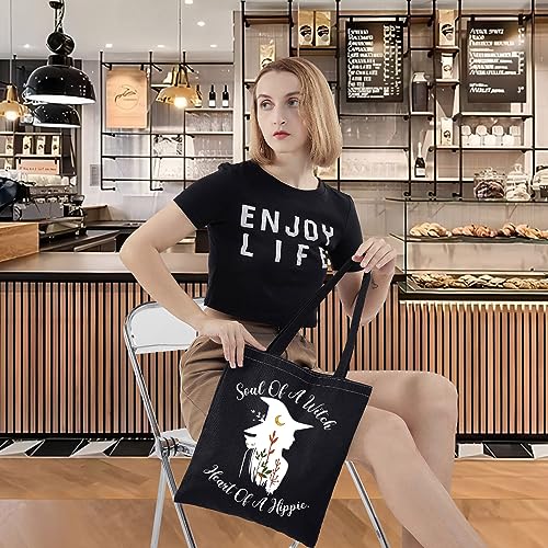 LEVLO Witch Canvas Tote Bag Witchy Gift Soul Of a Witch Heart Of a Hippie Shoulder Bag Witch Magic Merchandise (Soul Of a Witch BT)