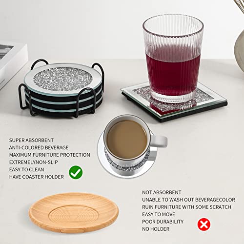 ToPToToo Mirrored Coaster for Drinks,Crushed Diamond Cup Coasters 4 Pack with Holder,Crystal Glass Round Coasters for Coffee Table Decor on Tabletop(4 X 4Inch)