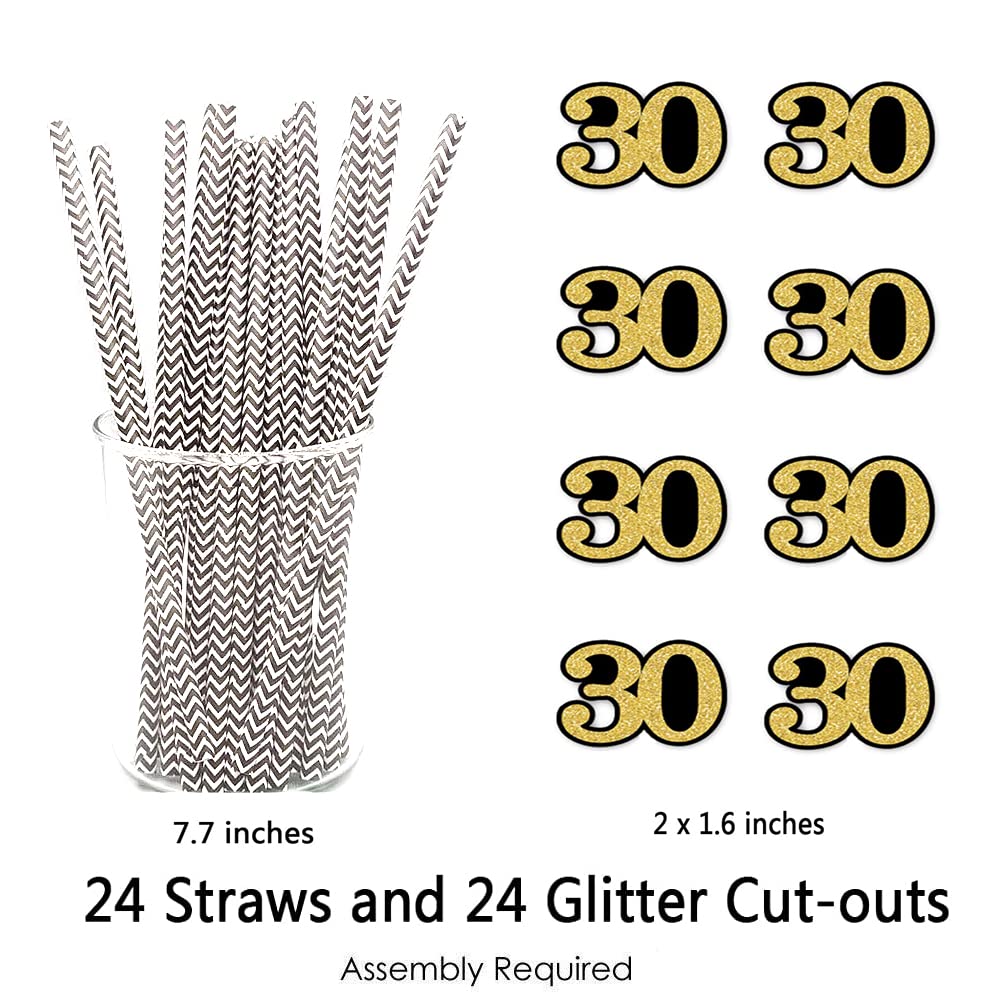 Happy 30th Birthday Straw Decor Gold Glitter Drinking Straw Cheers to 30 Years Thirty Birthday Party Decoration (24 PCS)