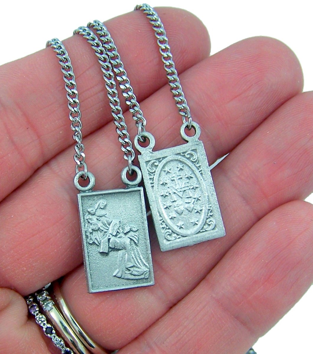 Devotional Scapulars Pewter Scapular Medals with Stainless Steel Rhodium Finished Chain, 18 Inch
