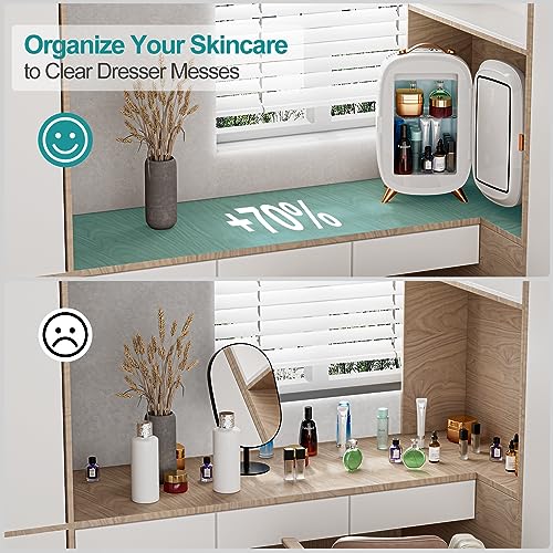 SPECILITE Mini Fridge, 6L Skincare Fridge with Mirror and LED Lighting Portable Cooler Small Refrigerator for Bedroom, Beauty, Makeup, Skin Care, Beverage, Cosmetics (White)
