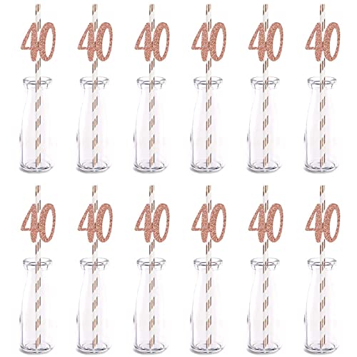 Happy 40th Birthday Straw Decor, Rose Gold Paper Straws, 40th Anniversary Decorations, 24pcs Cut-Out Number 40 Party Drinking Decorative Straws