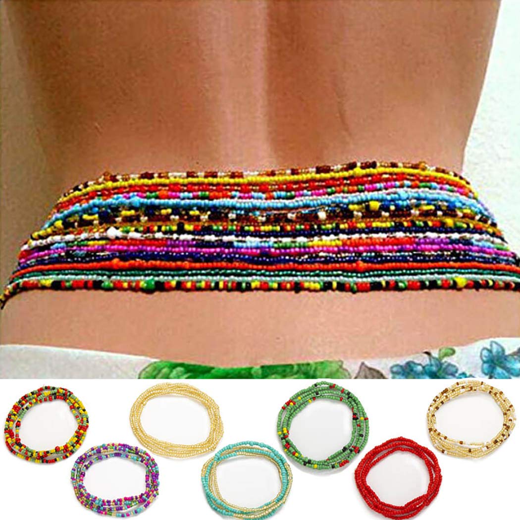 ELABEST Plus Size African Waist Beads Chain Layered Belly Body Chain Beach 7Pack Waist Jewelry Body Accessories for Women and Girls (51.2inch/130cm)