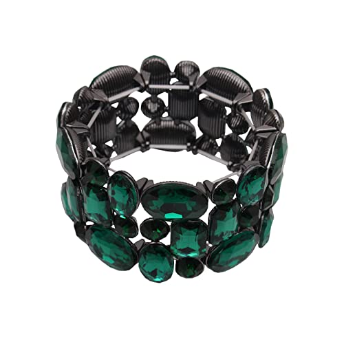 Enrwin Women’s Wedding Bridal Crystal Leaf Flower Stretch Bangle Elastic Wide Bracelet Jewelry for Brides Bridesmaid (Emerald-Jet Plated, Alloy)