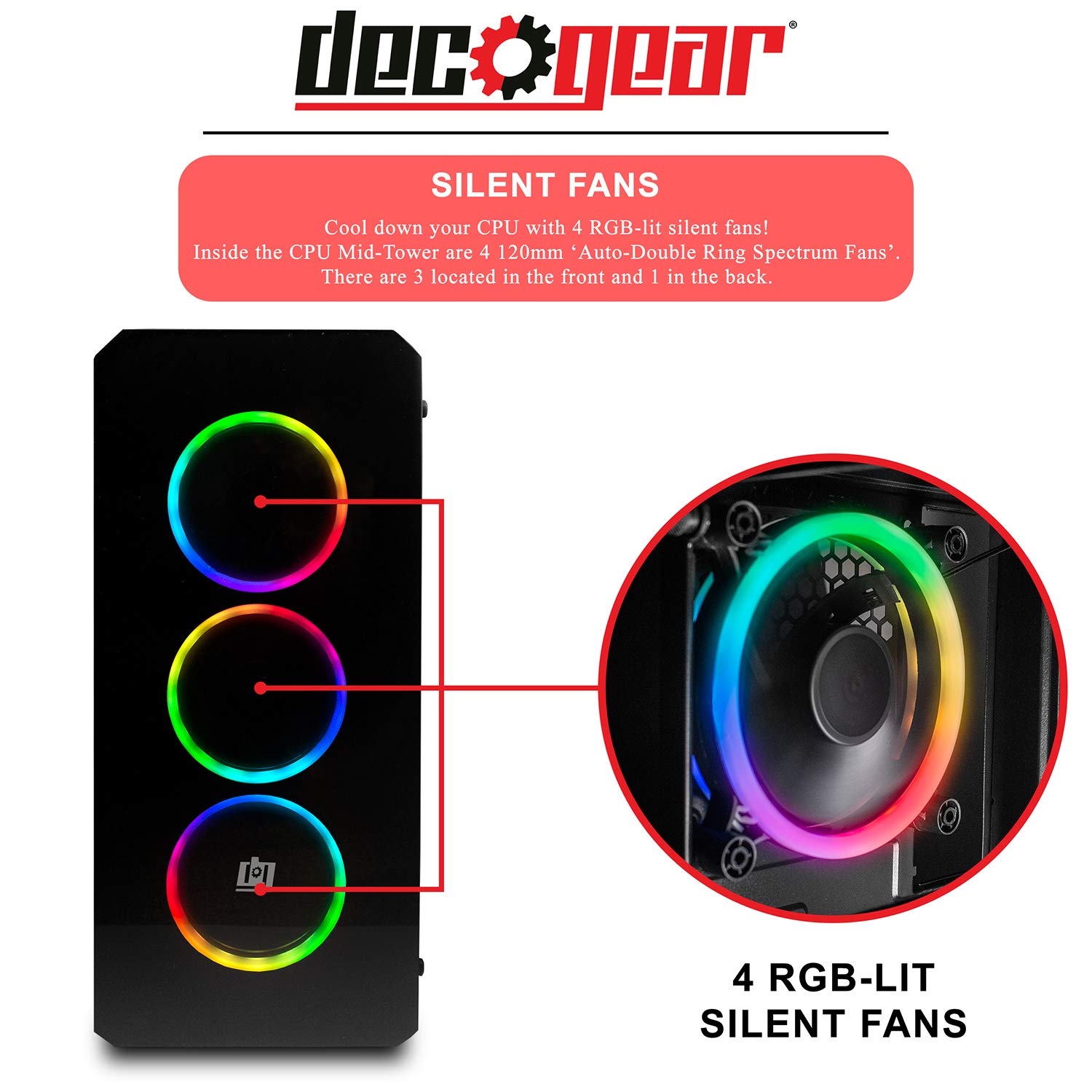 Deco Gear Mid-Tower PC Gaming Computer Case 3-Sided Tempered Glass and LED Lighting - Mini-ITX, Micro-ATX, ATX - Includes 4 120mm Double Ring Fans w/Expansion for More, 7 Expansion Slots, 4 Drives