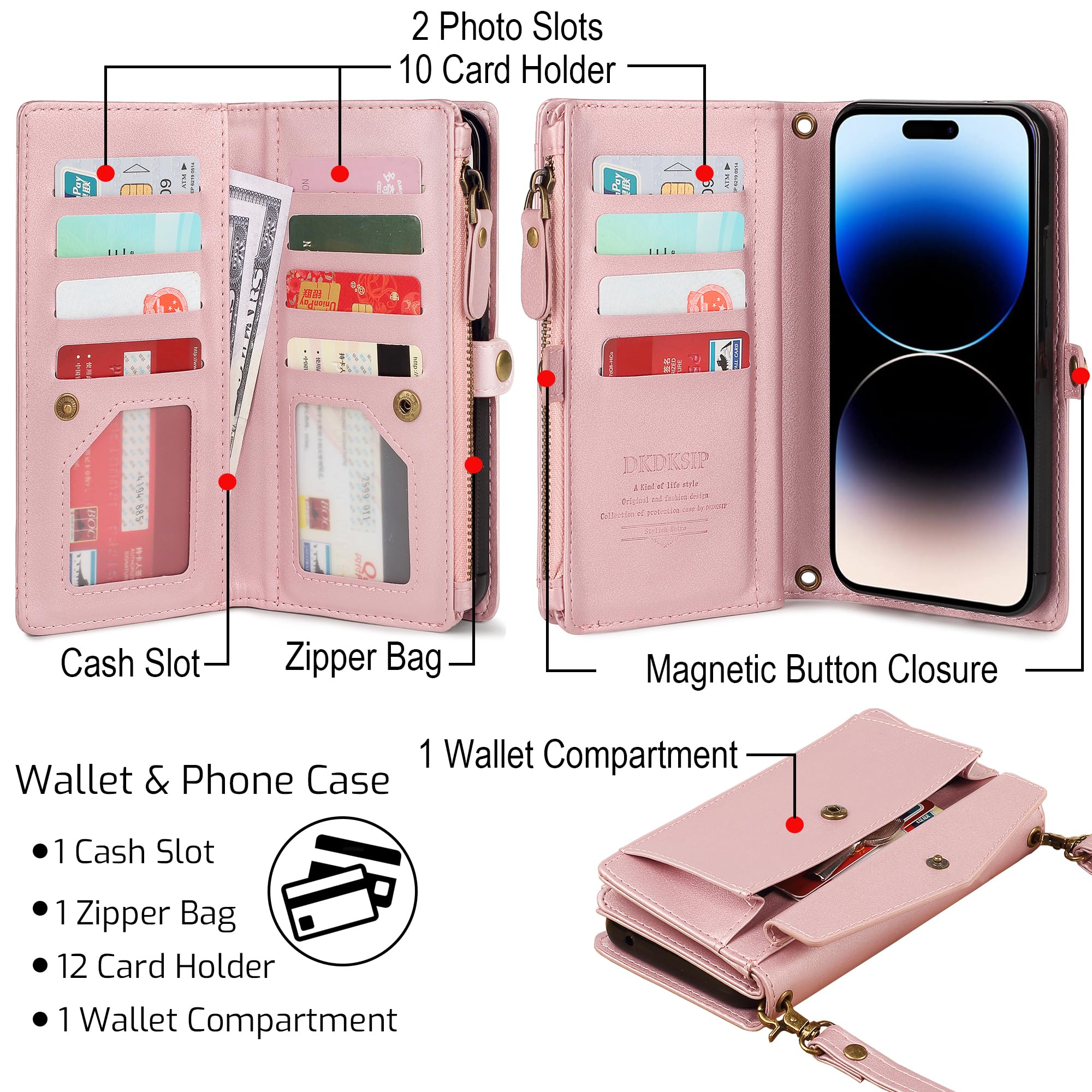 DKDKSIP for iPhone 15 Wallet Case for Women, Support Wireless Charging with RFID Blocking Card Holder, PU Leather Zipper Wallet Detachable Magnetic Phone Case with Crossbody Strap, Pink