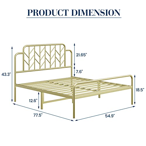 IDEALHOUSE Gold Full Size Platform Bed Frame with Headboard and Footboard, 12.6 Inches Metal Mattress Foundation for Storage, No Box Spring Needed, Easy Assembly, Modern Design, Branch