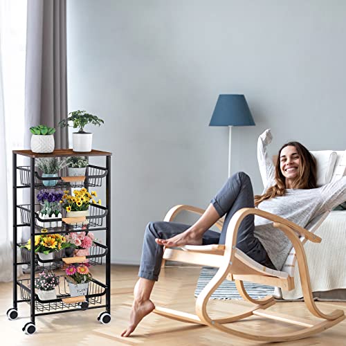 Kitchen Storage Rolling Cart, Kitchen Cart with Lockable Wheels, 5 Tier Metal Wire Basket Shelf Rolling Storage Cart with Wooden Handle, Wood Cover Top Kitchen Island Cart for Home, Office