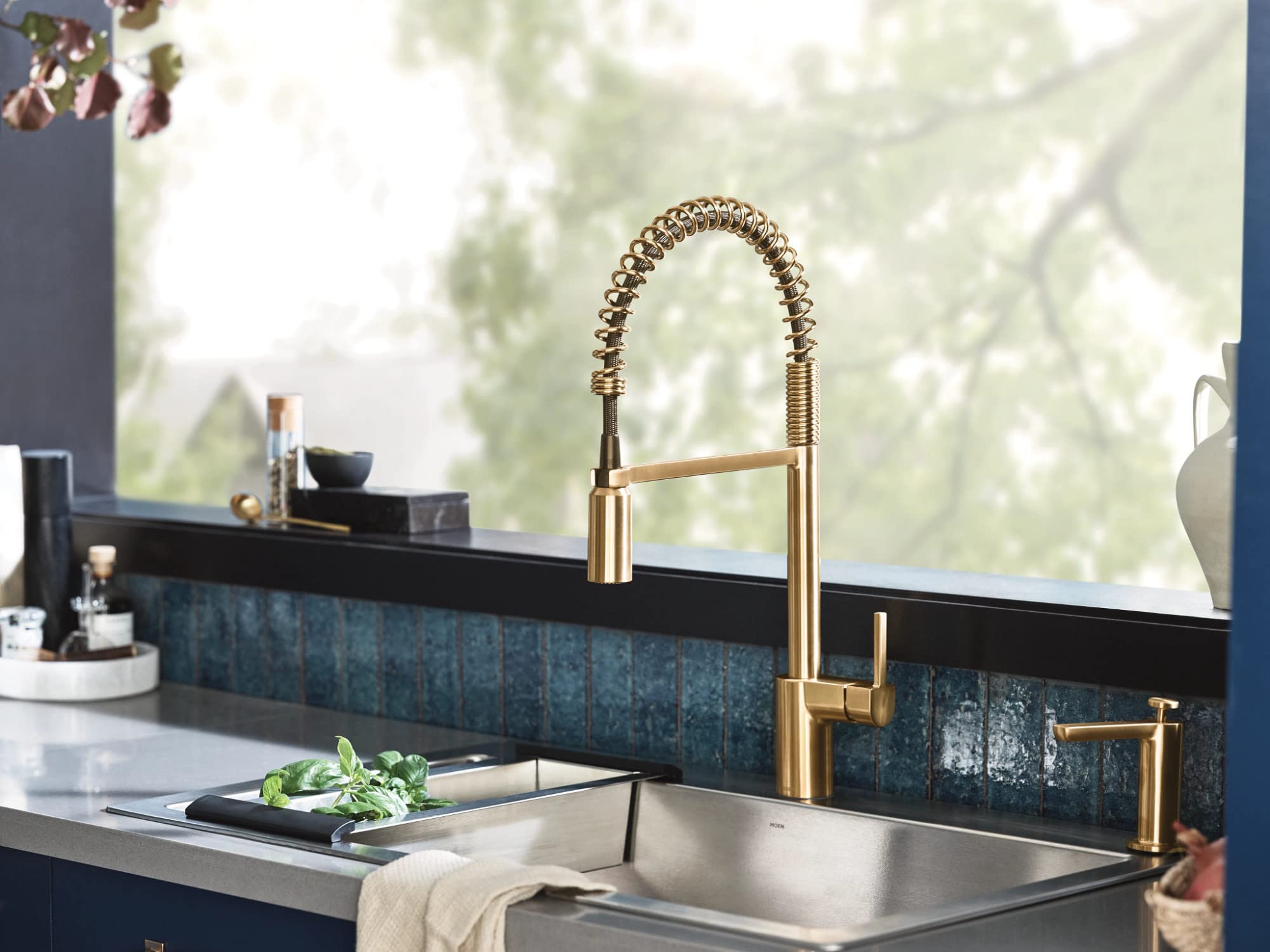 Moen Brushed Gold Modern Deck Mounted Kitchen Soap Dispenser with Above-the-Sink Refillable Bottle, S3947BG