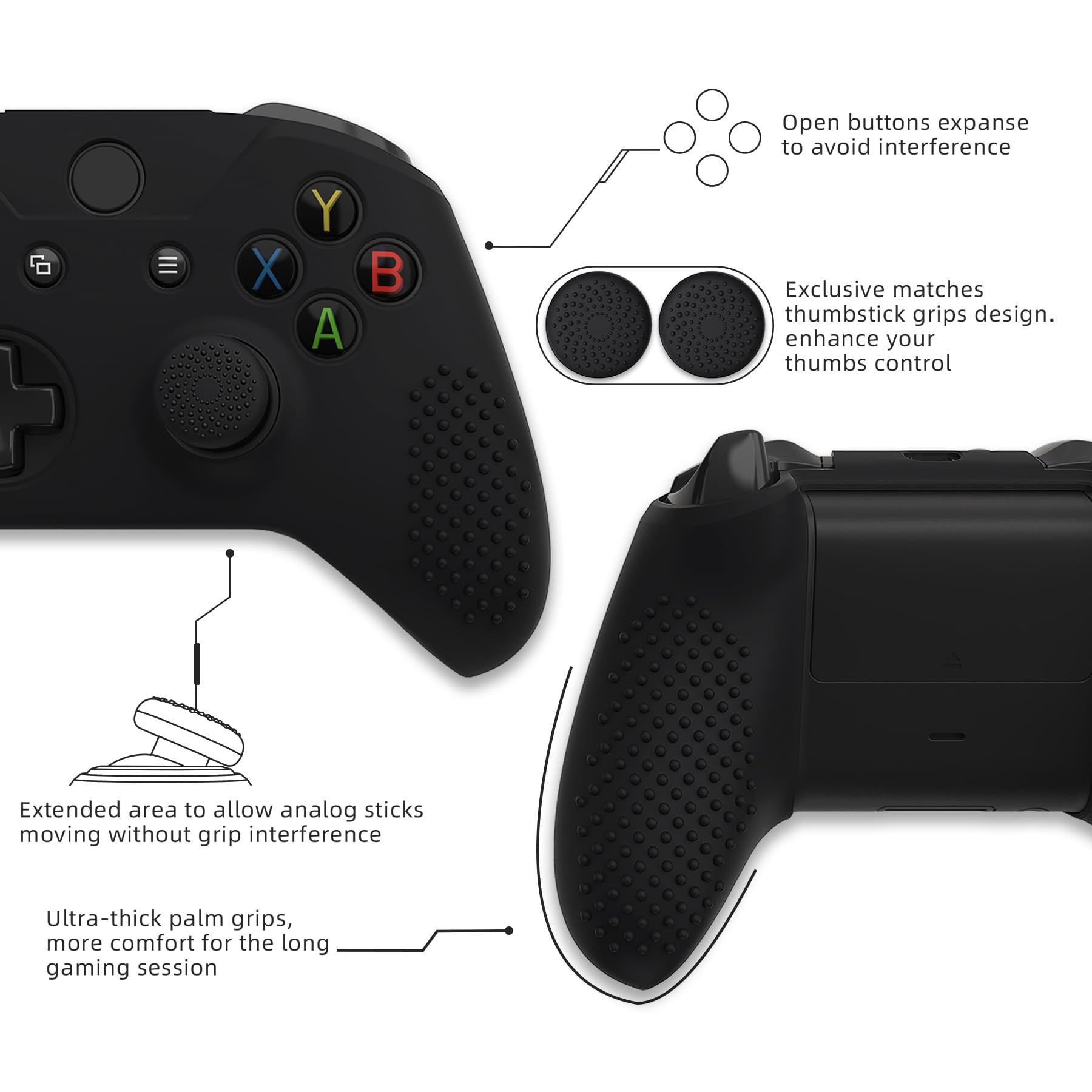 eXtremeRate Soft Anti-Slip Silicone Controller Cover Skins Thumb Grips Caps Protective Case for Xbox One X S Controller - Black