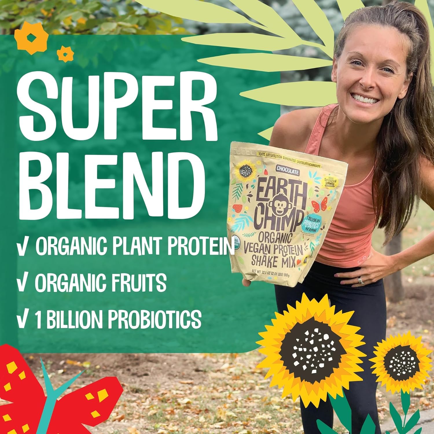 EarthChimp Organic Vegan Protein Powder Bundle, Chocolate + Vanilla, (Each 26 Servings, 32 Oz) with Probiotics, Organic Fruits & Plant Based Protein Powder, Dairy Free, Gluten Free