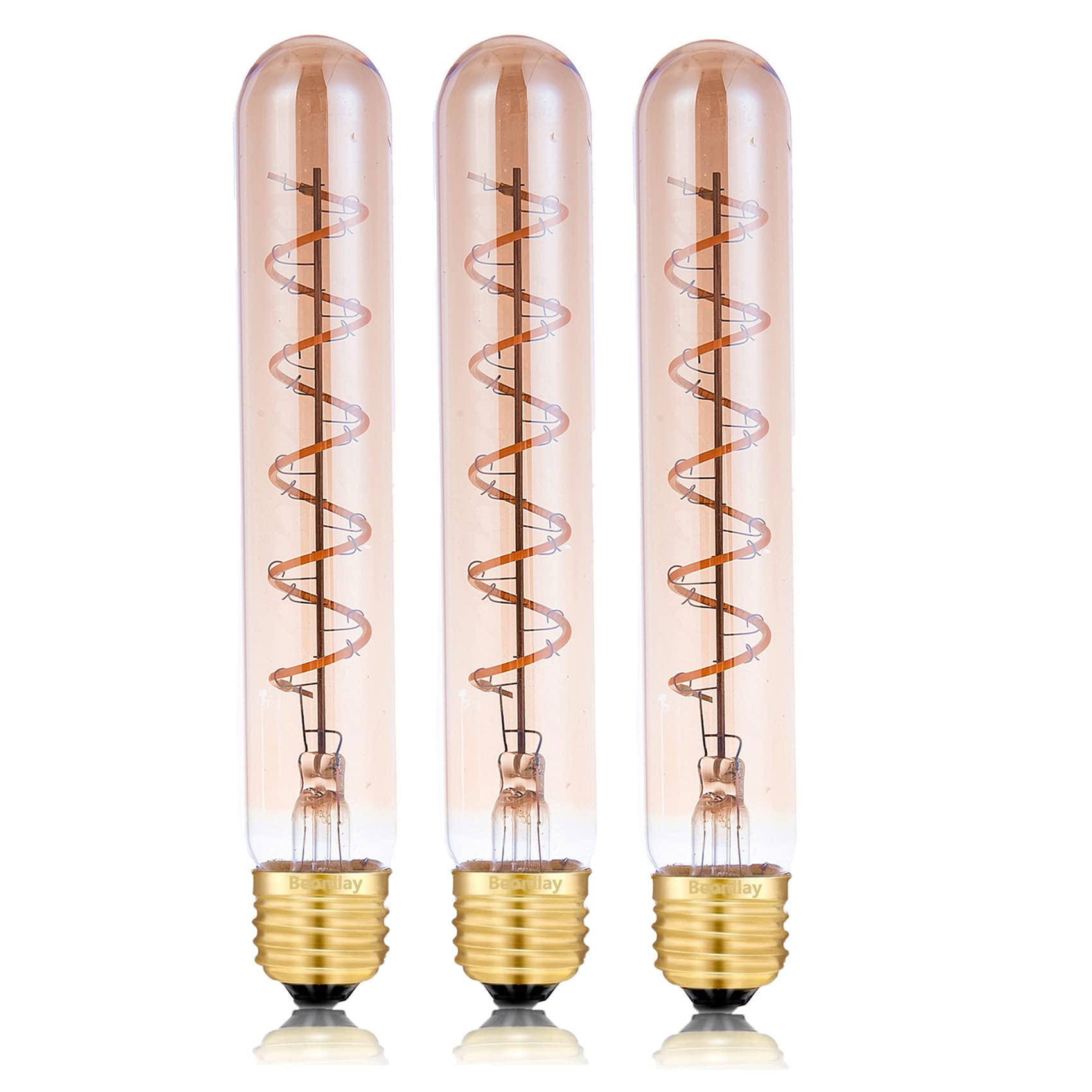 Dimmable 4W Tube LED Eison Bulb, T10 Vintage Long LED Bulb 40 Watt Equivalent Warm White 2700K, E26 Medium Base Amber Colored 7.3 Inch Long tubular edison bulb, 3 Pack