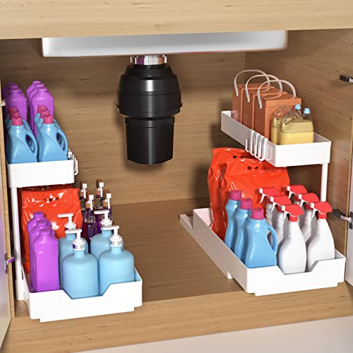 Minimalist Studio Under Sink Organizers and Storage 2 Pack L-Shape Kitchen Bathroom Organization, 2-Tier Sliding Storage Under Bathroom Kitchen Sink Cabinet Organizer Shelf Pull Out with Drawer(White)