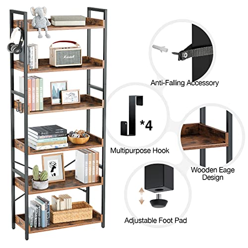 Rolanstar Bookshelf 6 Tier with 4 Hooks Bundle 5-Tier Storage Rack