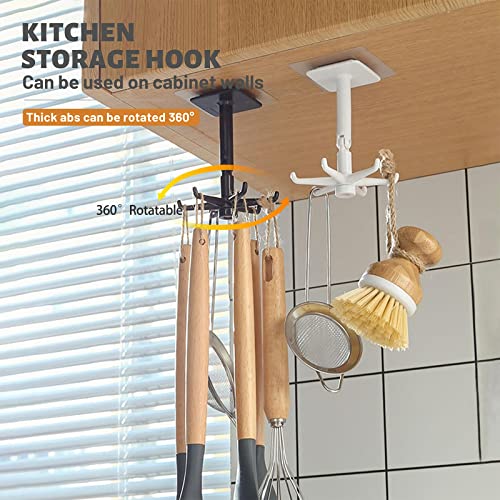 Kitchen Utensil Hanger,Under Cabinet Holder 6 Pieces 360 Degrees Rotating Folding Hook Self-Adhesive Waterproof Utility for Home Bathroom No Drilling (3 White+3 Black), 4.3×2.7×1.9 inch