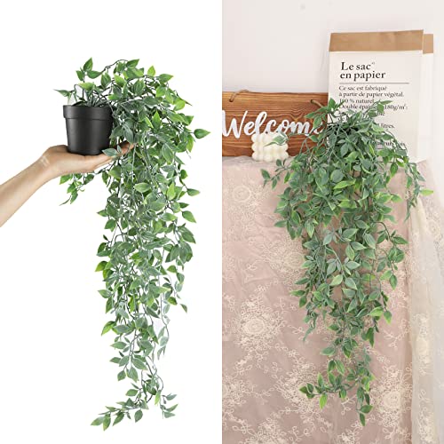 JPSOR Fake Hanging Plants, 2 Pack Artificial Fake Potted Greenery Faux Eucalyptus Mandala Vine in Pot for Home Wall Shelf Indoor Outdoor Decor