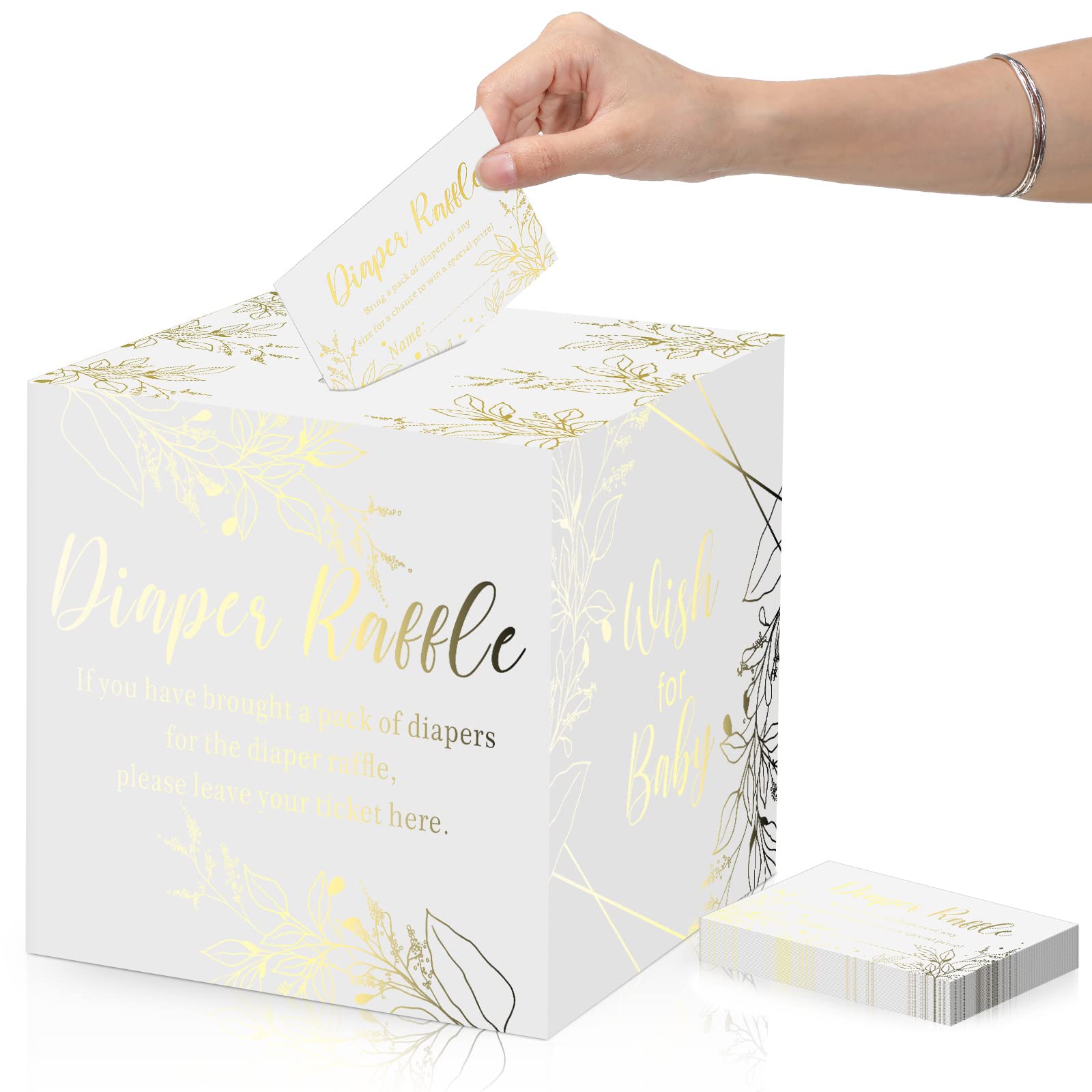 Funrous 51 Pcs Diaper Raffle Tickets with Holder White and Gold Themed Card Box for Baby Shower Party Game Kit Supplies