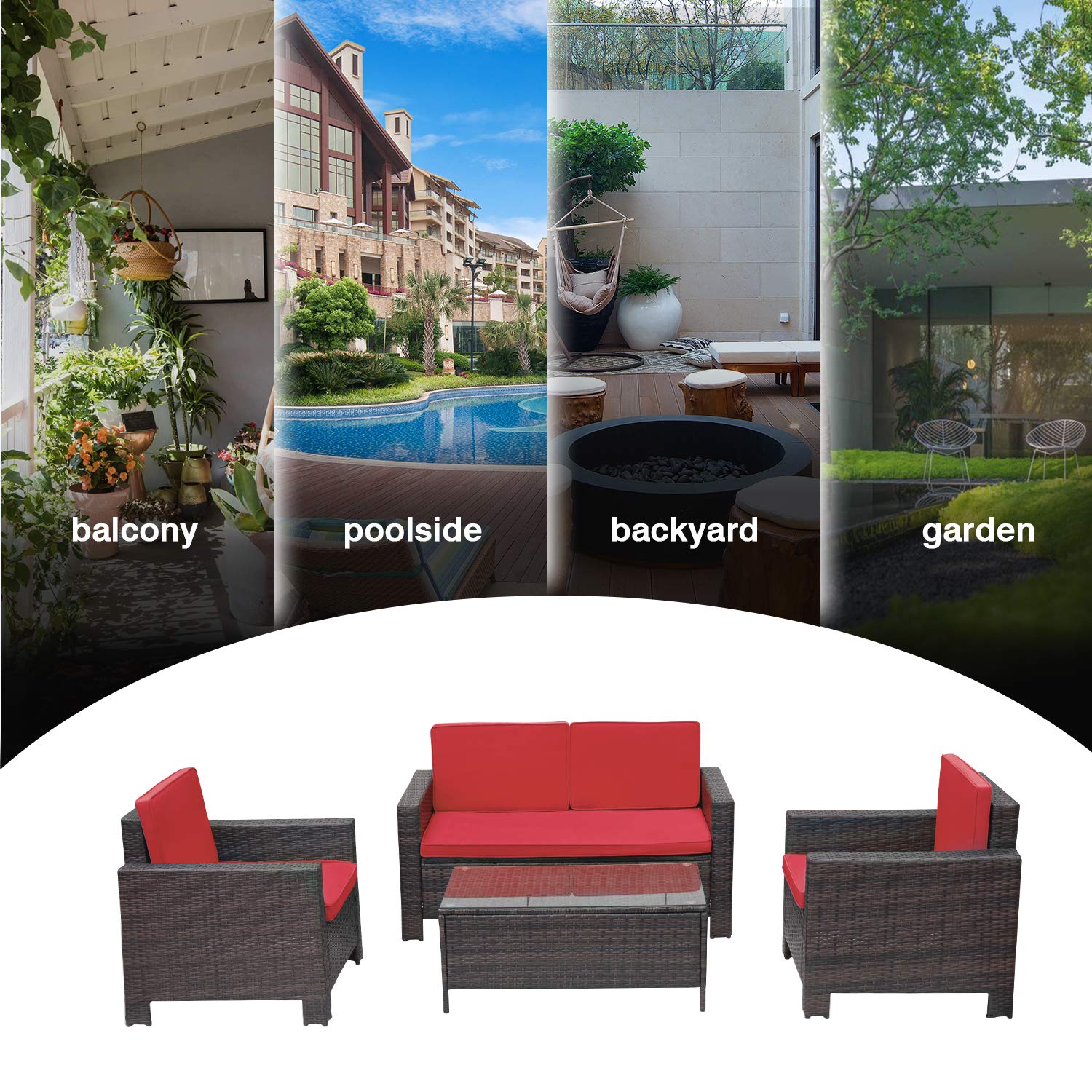 Homall 4 Pieces Outdoor Patio Furniture Sets Rattan Chair Wicker Conversation Sofa Set, Outdoor Indoor Backyard Porch Garden Poolside Balcony Use Furniture (Red)