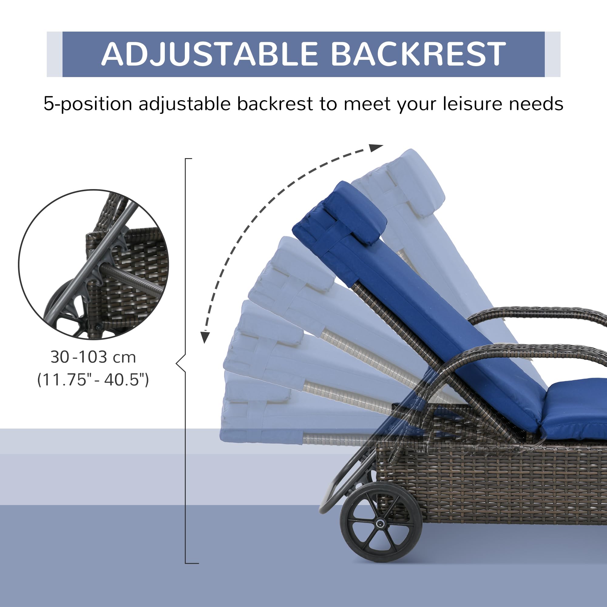Outsunny Wicker Outdoor Chaise Lounge Set of 2, 5-Level Adjustable Backrest PE Rattan Pool Lounge Chair with Wheels, Cushion & Headrest, Brown and Dark Blue