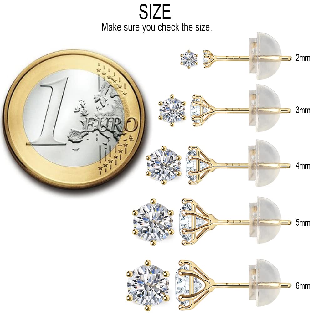 DORO KIMI 14k real solid Yellow Gold white cz Stud solitaire round cubic Earrings for women 6prong setting with 14k gold silicone earring flat backs (5mm)
