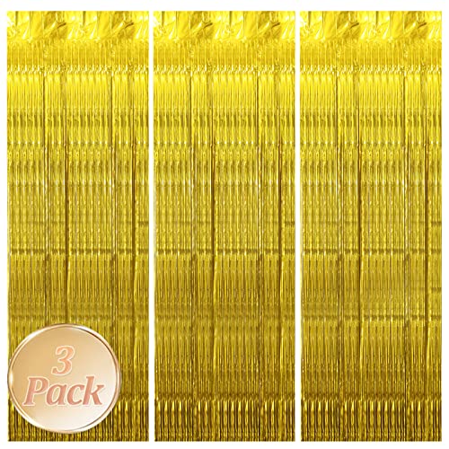 Liatinbo 3.3x8.2 Feet Gold Backdrop Curtain for Party Decor,Tinsel Streamer Backdrop Curtains,Foil Fringe Backdrop for Birthday,Graduation Decorations,Parties, Photo Booth Backdrops (3 Pcs, Gold)