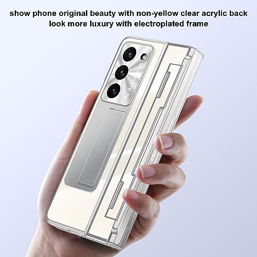 Libeagle Compatible with Samsung Galaxy Z Fold 5 Case with Innovative Hinge Protection, Detachable S Pen Holder & Capacitance Pen, Non-Yellow Clear Back, Screen Protector, Stand Cover 5G 2023, Silver