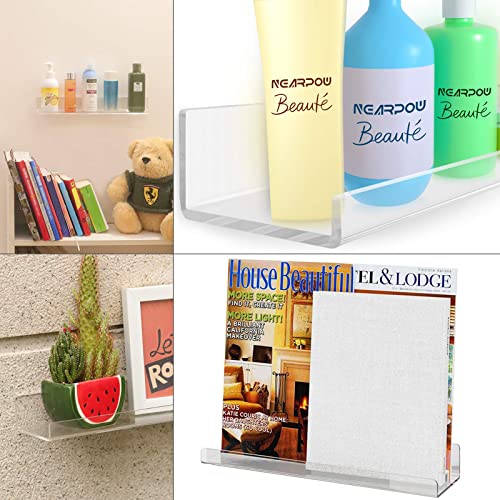 MAJOYLIFE 15 Inch Acrylic Floating Shelves,Clear Wall Mounted Book Shelf,Hanging Display Shelf for Bedroom Bathroom Living Room Office,Drilled and Self Adhesive (1 Pack)