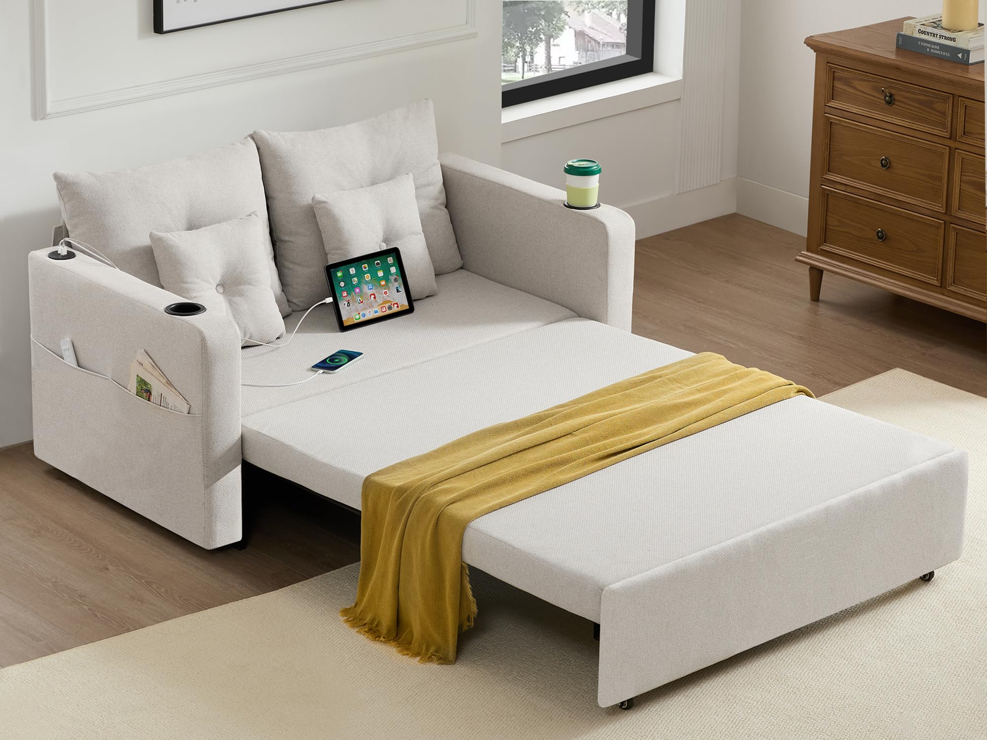 Krcix 3 in 1 Sleeper Sofa Bed, 56 Inch Convertible Loveseat Sofa, Pull Out Couch Bed with Storage Pockets, Cup Holders, USB – Sofa Cama for Living Room, Bedroom, Apartment, Beige