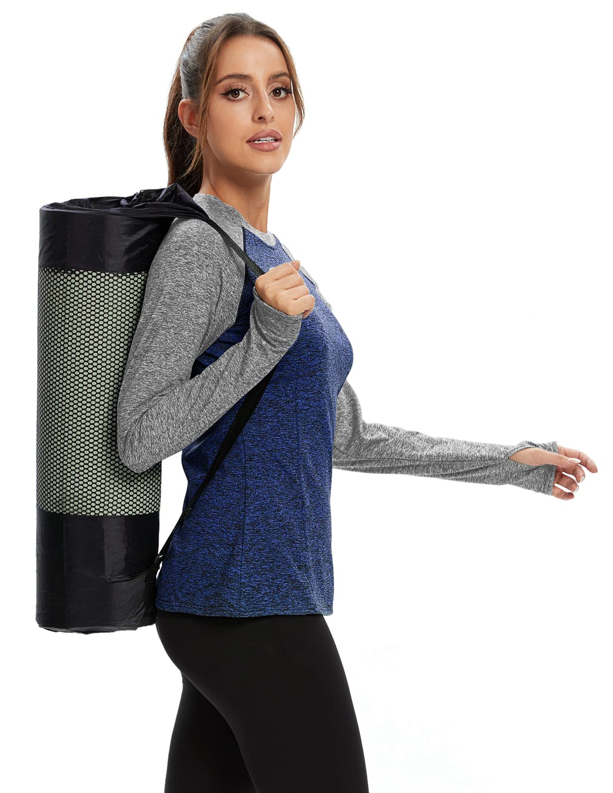 Fleece Lined Shirt for Women Long Sleeve Running Shirts with Thumb Holes(Navy-Grey,Medium