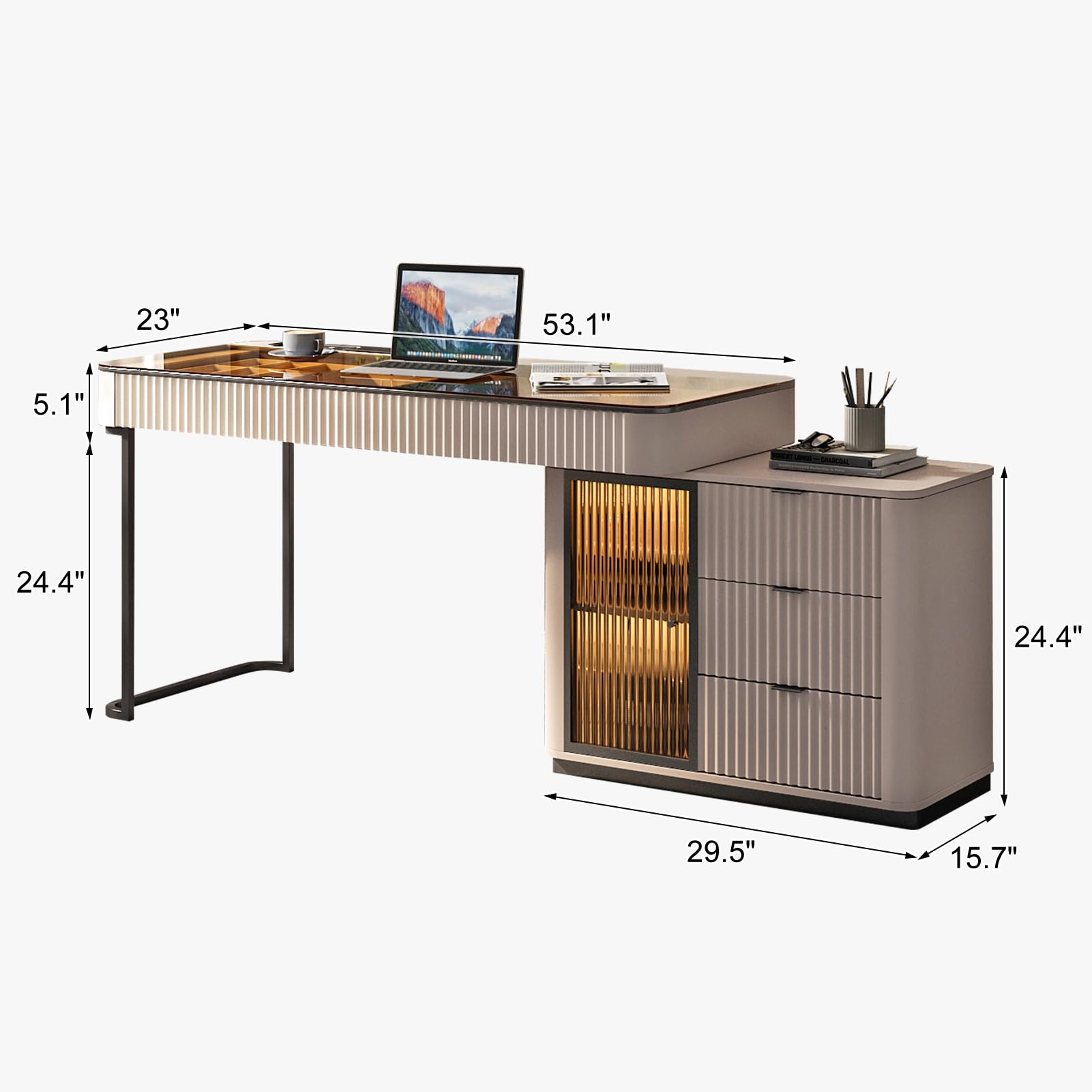 Lartis Office Desk, Very Easy to Assemble,Computer Desk, Home Telescopic Writing Desk, Storage Cabinet Retractable Corner, Built-in LED Lights, Five Large Storage Drawers, compartmentalized Storage