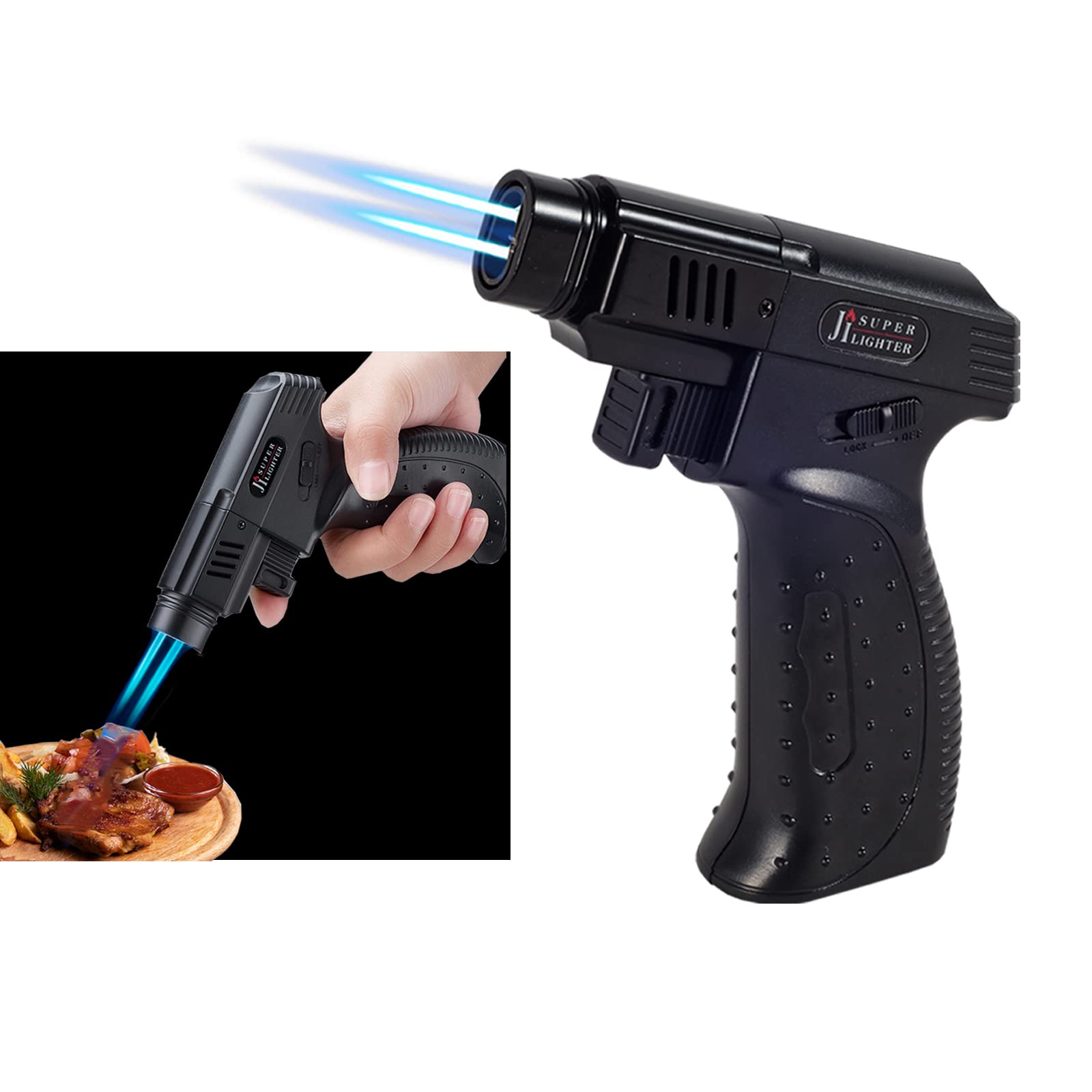 Jnfire Dual Flame Torch Lighter, Kitchen Torch Butane Refillable, Gun Hand Cooking Torch Lighter for Dab, Creme Brulee, BBQ and Desserts Baking, Soldering Blow Torch Lighters Excluded Butane