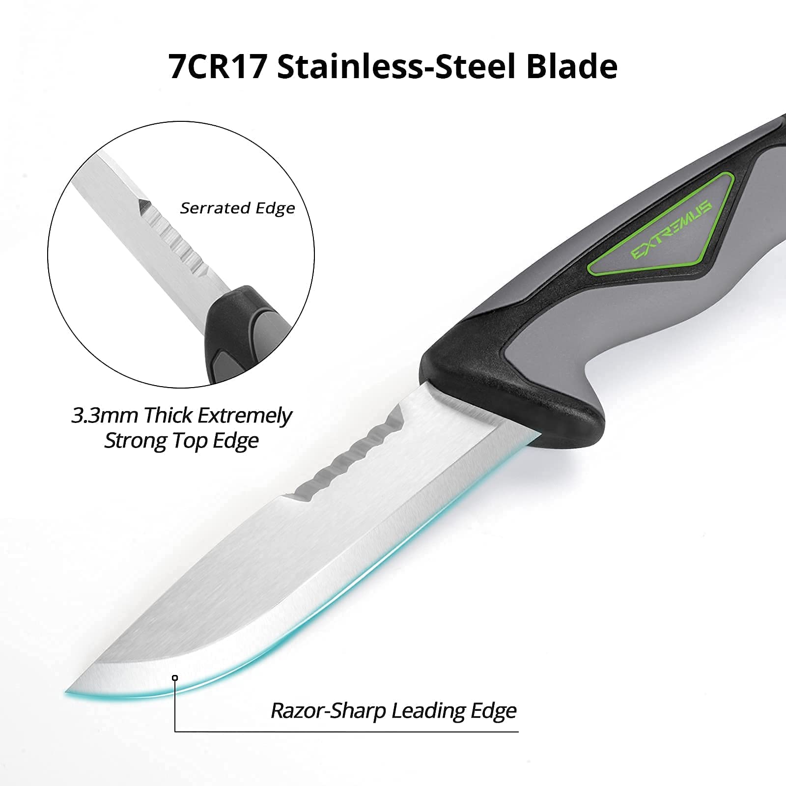 Extremus Camping Knife, Fixed Blade Outdoor Knife with 7CR17 Stainless Steel Blade, 3.5-Inch, Hunting Knife with Firestarter, TPR Molded Non-Slip Handle, Molded Safety Sheath, Paracode Lanyard
