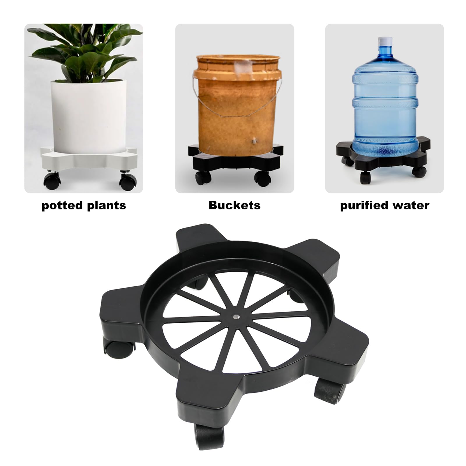 KOBSAINF 5 Gallon Bucket Dolly with 5 Smooth-Rolling Swivel Casters,75 lbs,No Tip or Spilling for 5 Gallon Bucket and Flowerpot,11" Inside Diameter,Black (2Pcs)