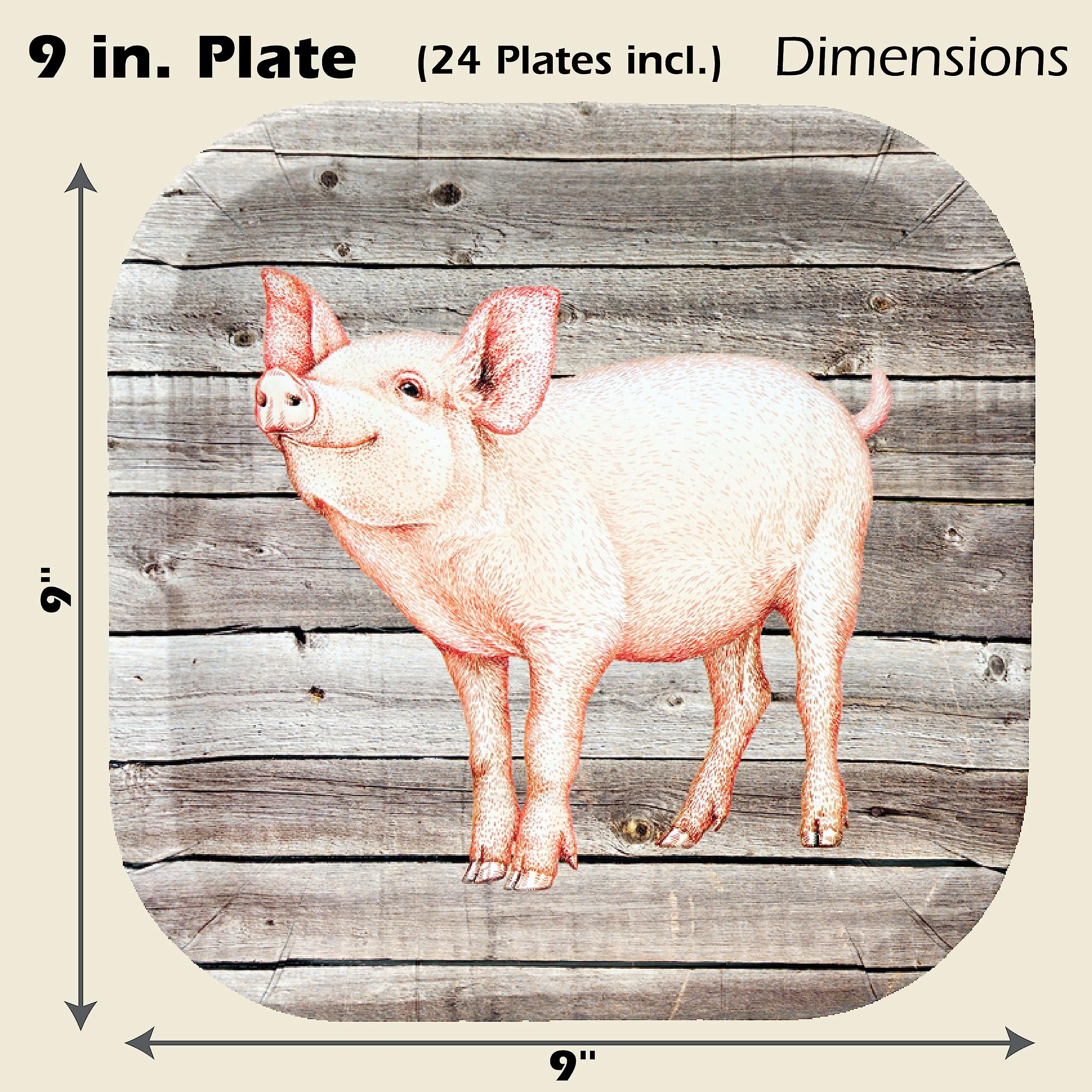 Havercamp Pig 9β Plates on Barnwood (24 pcs.)! Authentic and Cute Pig on a Rustic Barnwood Background. 24 Lg. 9 in. Square Dinner Plates. Pair with the Farm Table Collection!