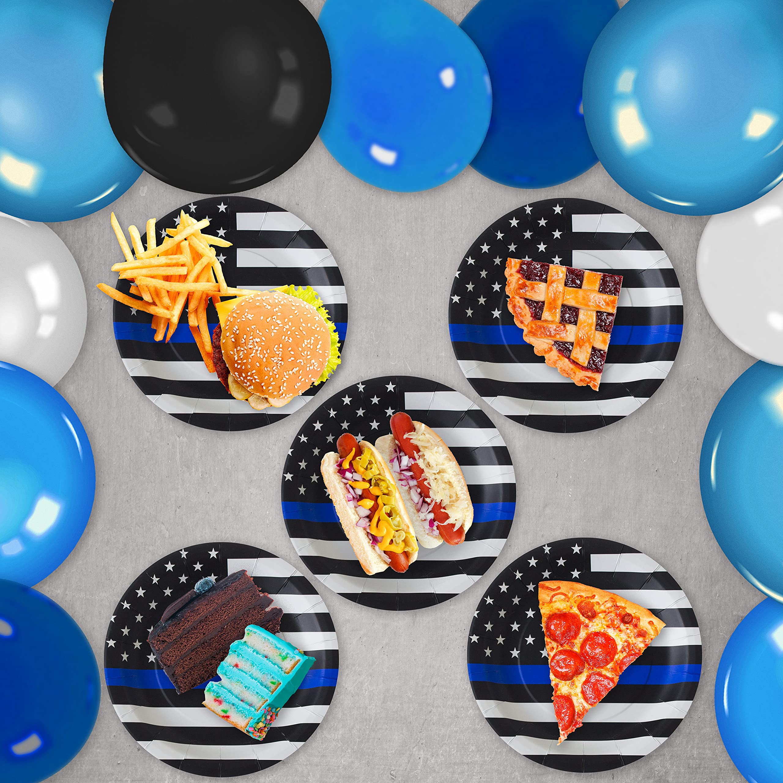 Havercamp Police-Thin Blue Line 9” Plates (48 pack)! 48 Lg. Round Dinner Plates in the Official Thin Blue Line Flag Pattern.