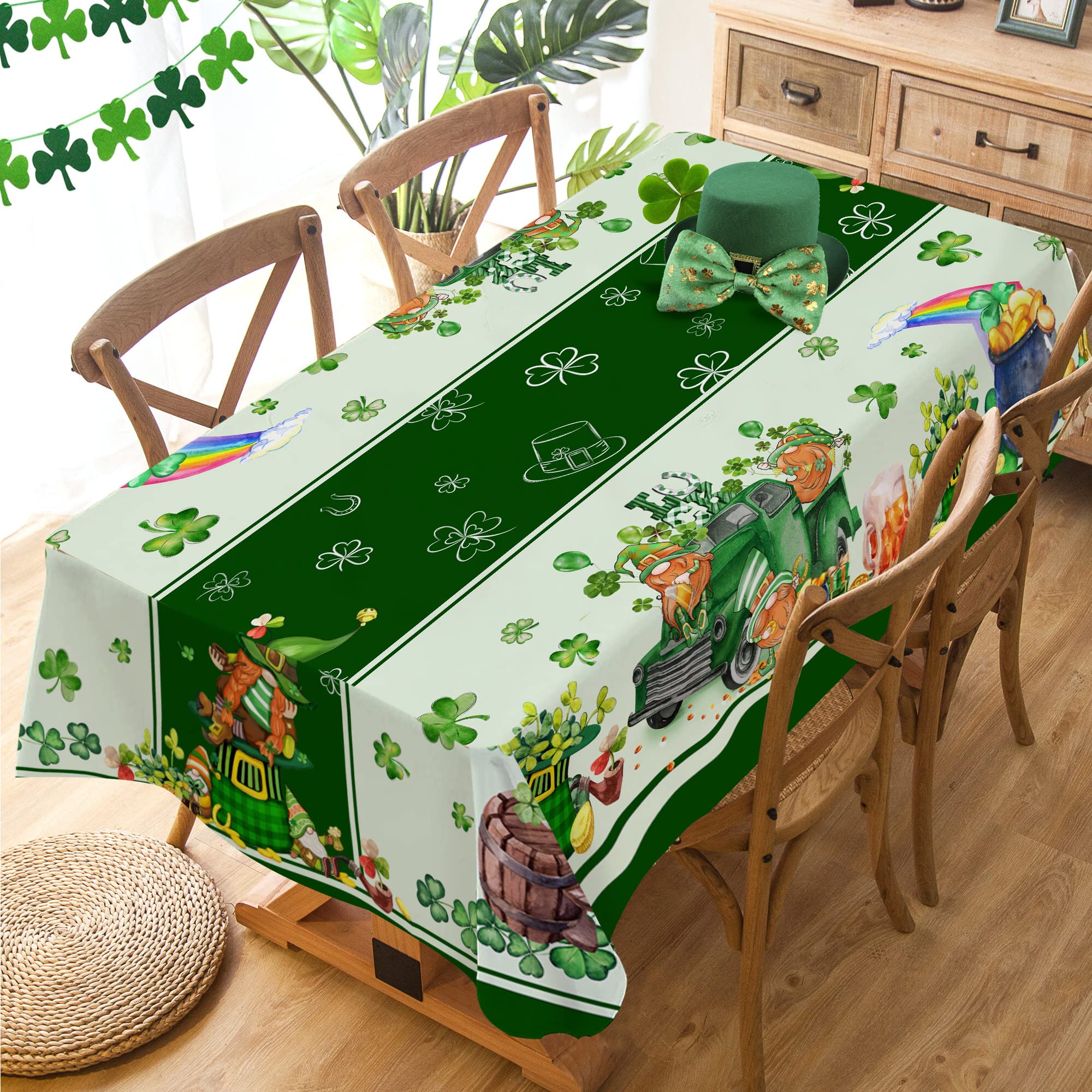Hexagram St Patricks Day Tablecloth, Green Tablecloth Rectangle 60x84 inch, Gnomes Truck Gold Coins Holiday St Patricks Day Decorations for Home,Dinner,Party