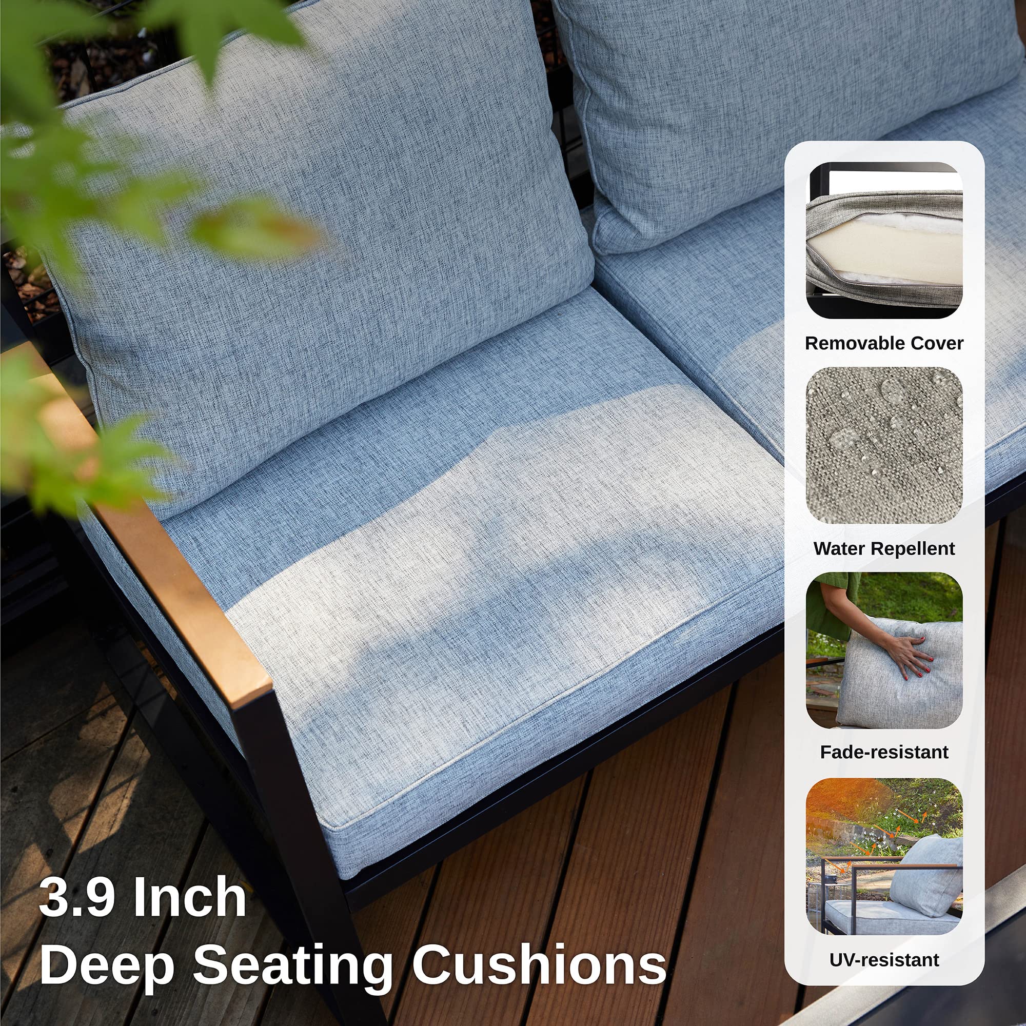 EAST OAK Courtyard Patio Furniture Set, 4-Piece Outdoor Patio Set with Sofa, Removable & Washable Deep Seating Cushion, Tempered Glass Table, Outside Patio Conversation Sets, Black & Light Grey