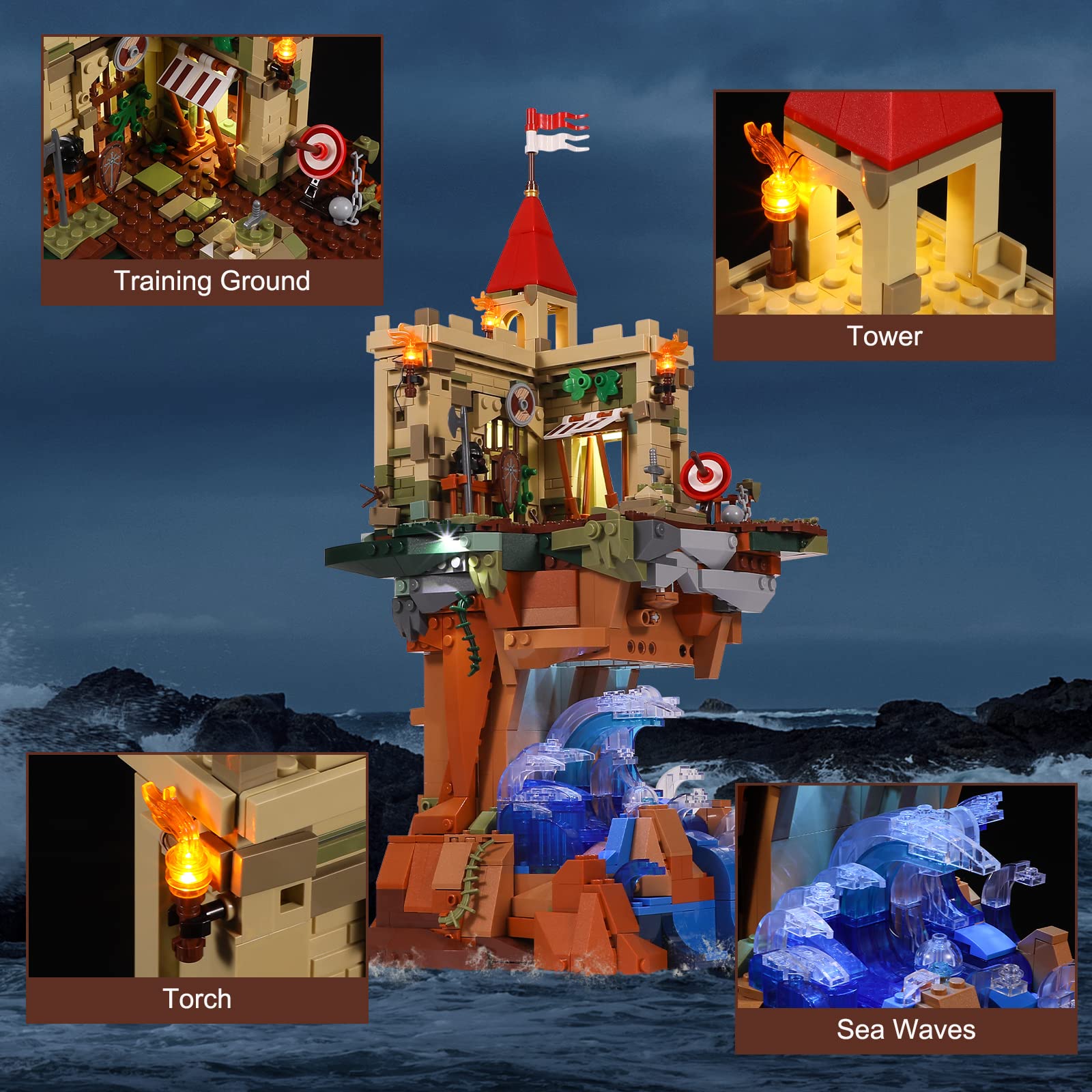 FUNWHOLE Lighting Building Bricks Set - Castle on The Cliff LED Light Construction Building Model Set 1044 Pcs for Adults and Teen