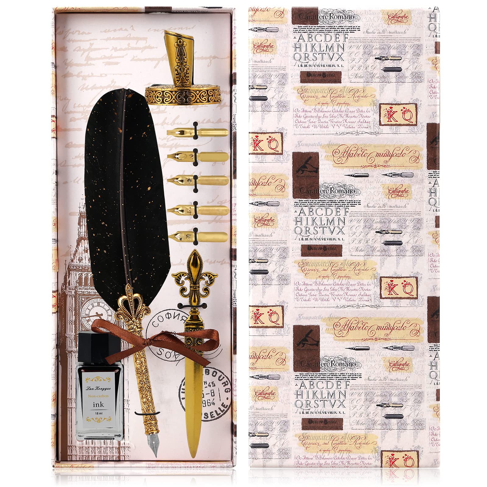 FunWr1te Quill Pen and Ink Set - Antique Goose Feather Calligraphy Pen Set Includes Dipping Pen, 5 Replacement Nibs, Ink, Letter Opener and Pen Holder (Black)
