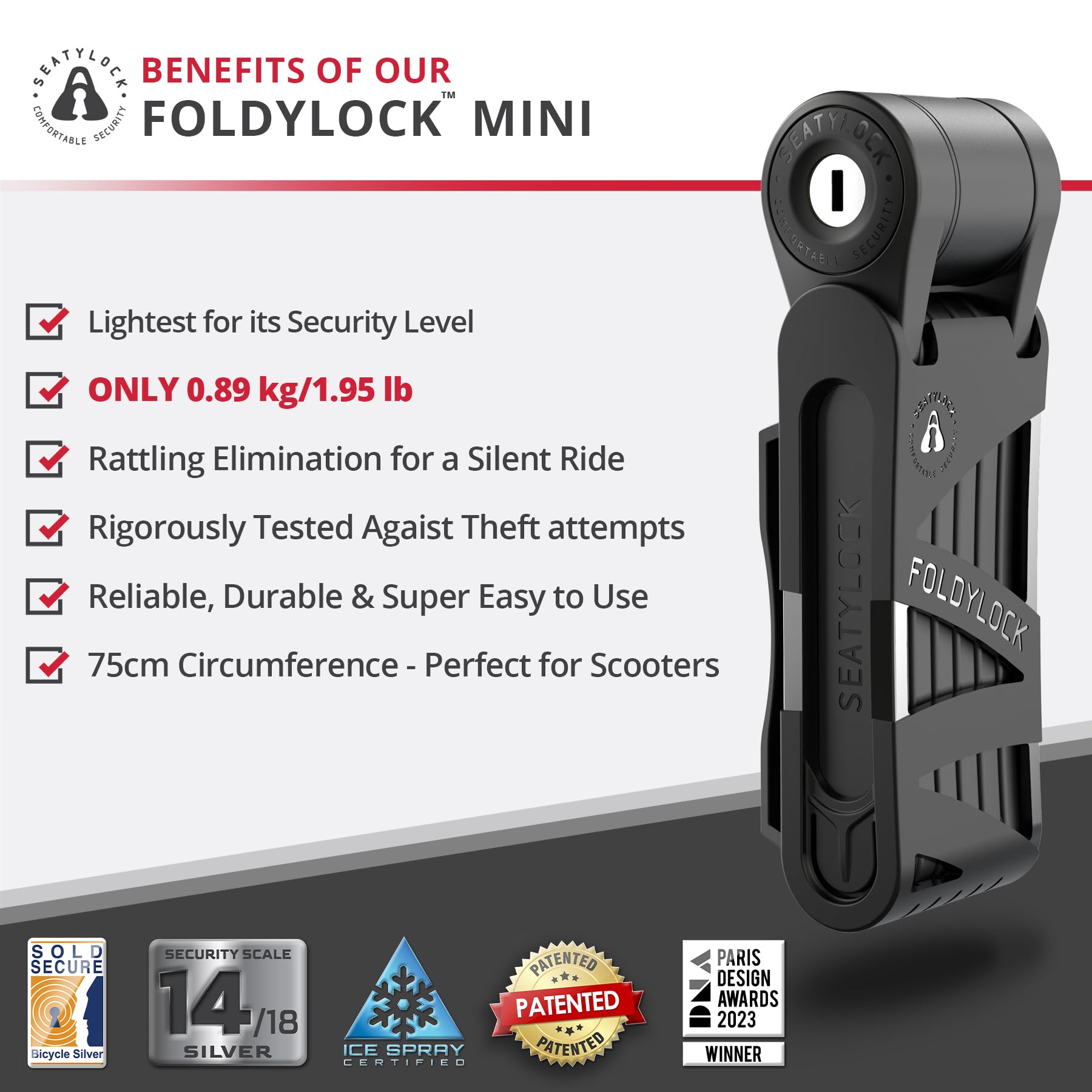 FoldyLock Mini Folding Bike Lock - Patented Lightweight Bicycle Lock - Heavy Duty Anti Theft Guard with Key for Electric Scooter & City Bikes - 29.5 Inch