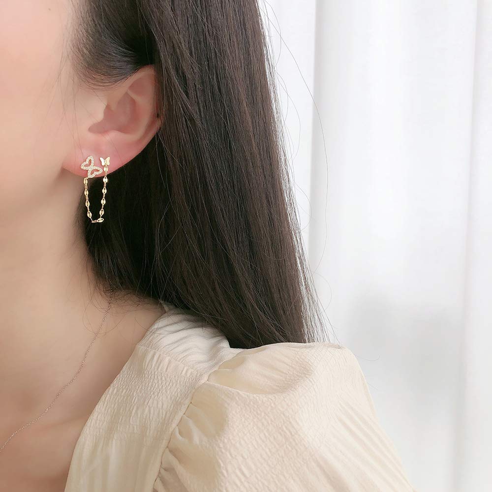 Double Butterfly Chain Cuff Wrap CZ 925 Sterling Silver Stud Crawler Climber Earrings for Women Cartilage Threader Tassel Dangle Hypoallergenic Cute Animal Gifts for Bff Birthday (Gold)